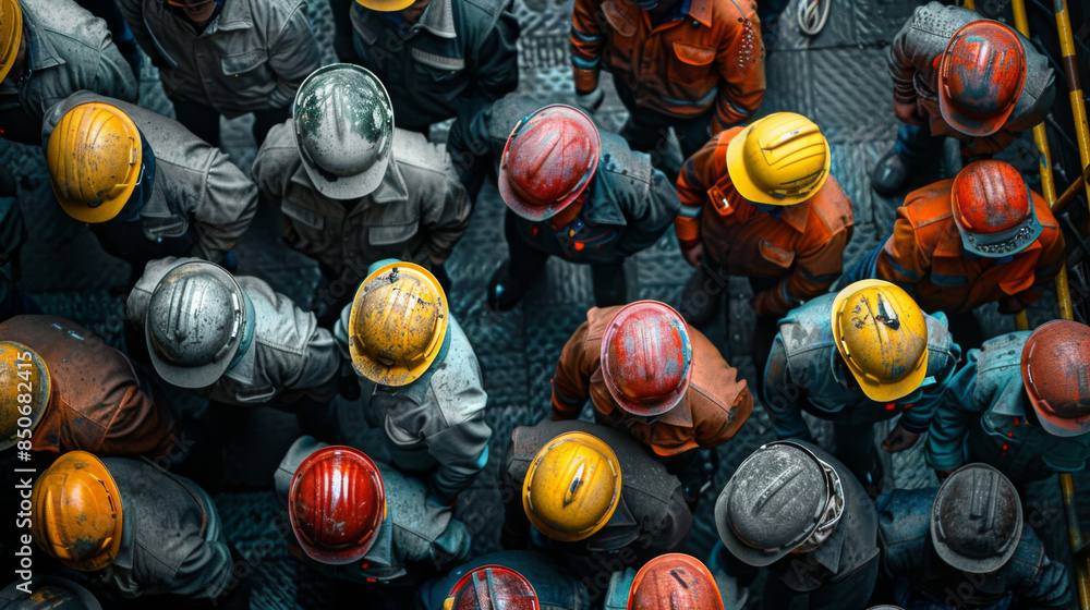A diverse group of workers wearing colorful safety helmets, captured ...