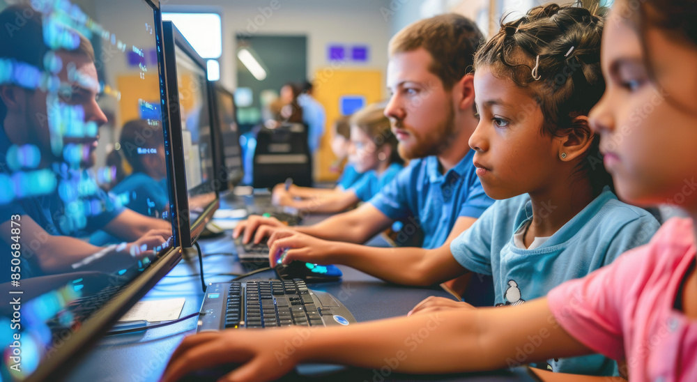 Children were learning coding in class using computer screens, with the ...