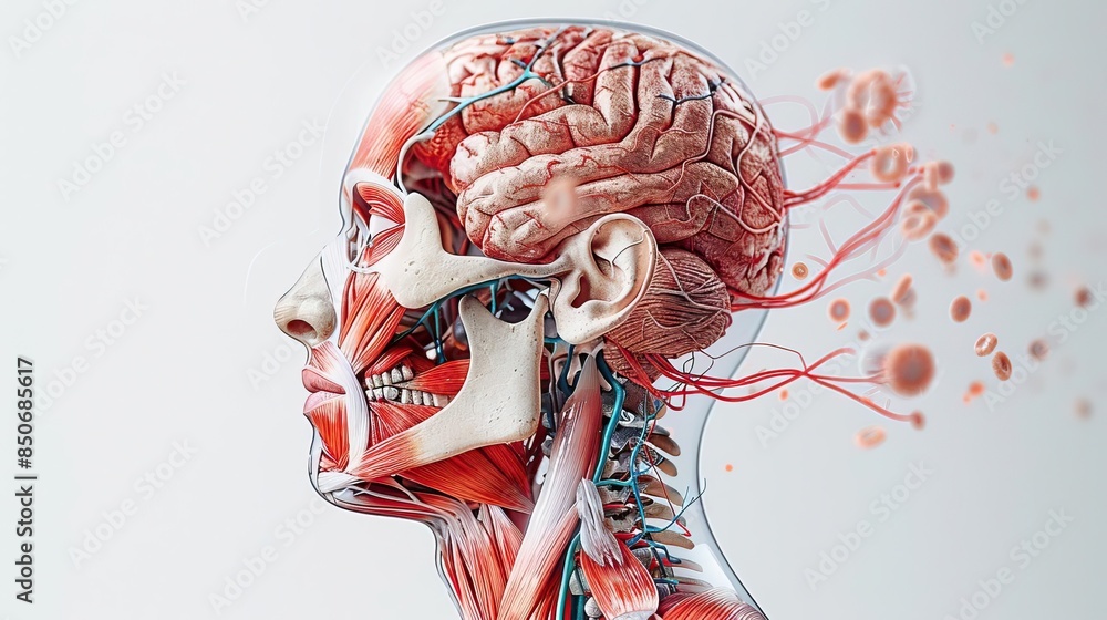 Detailed illustration of the human head and neck with an emphasis on ...