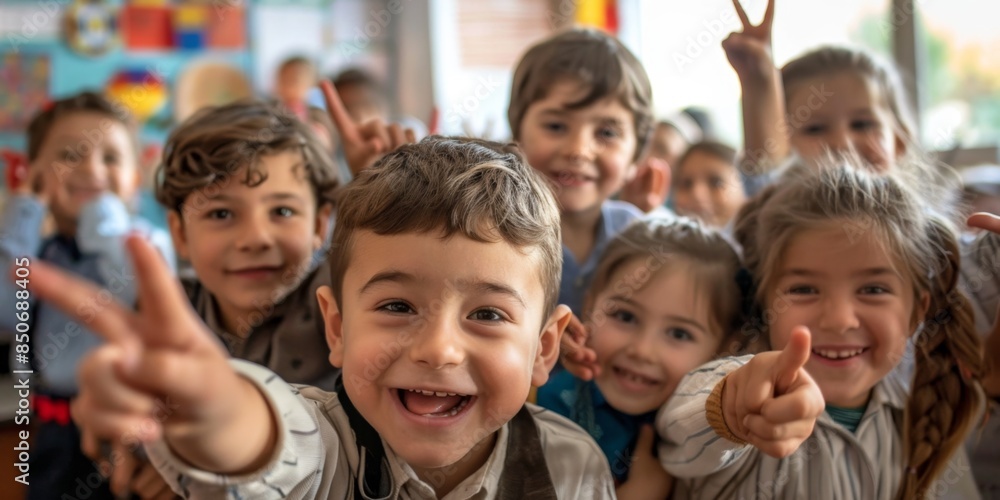 Smiling Elementary School Students Posing in Classroom, Celebrating ...