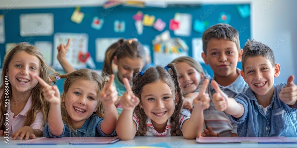 Smiling Elementary School Students Posing in Classroom, Celebrating ...