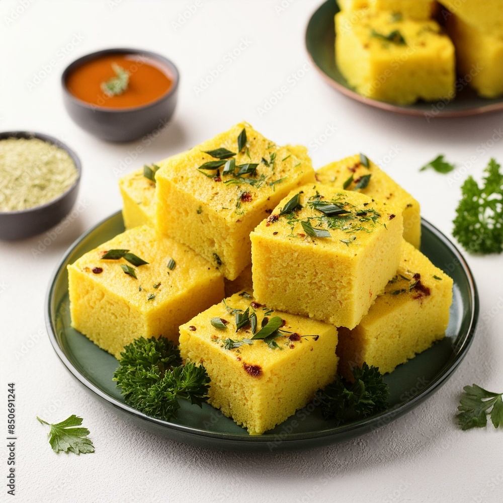 Indian traditional gujarati street food khaman dhokla on white ...