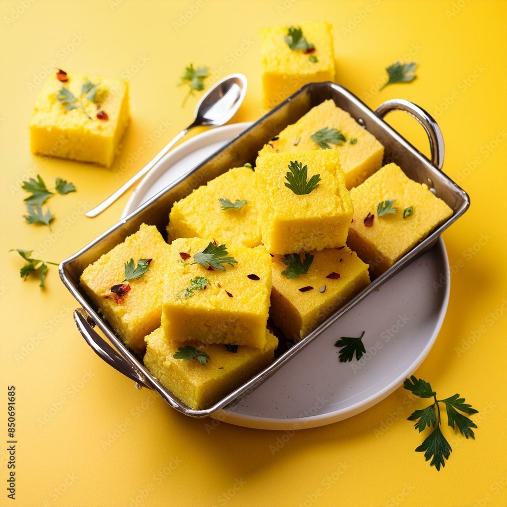 Indian traditional gujarati street food khaman dhokla on yellow ...