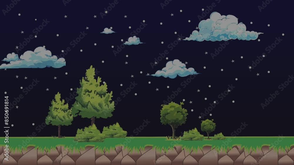 game background. Ground, grass, sky, tree and stars. 2D Game Platform ...