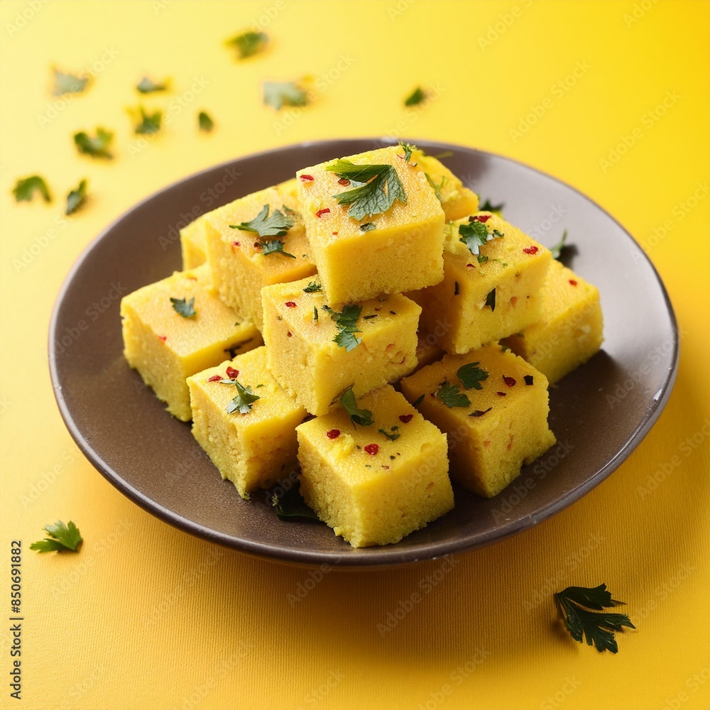 Indian traditional gujarati street food khaman dhokla on yellow ...