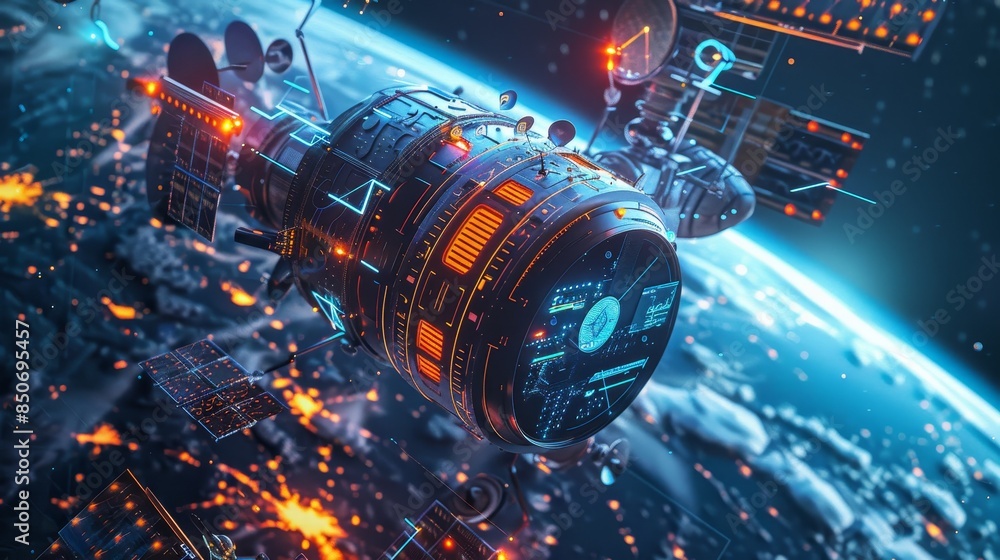 High-tech satellite with holographic UI, orbiting an advanced space ...