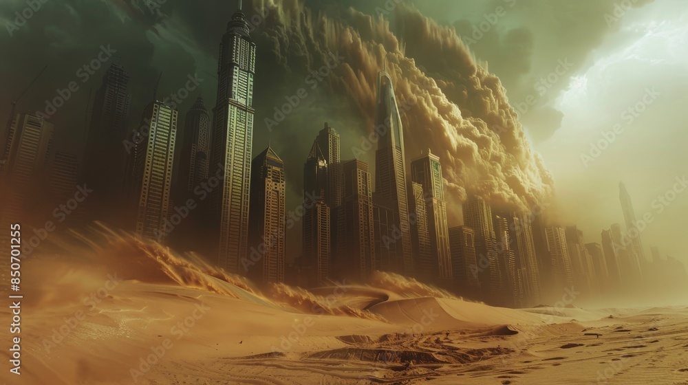 Sandstorm apocalypse with massive sand waves, futuristic skyscrapers ...