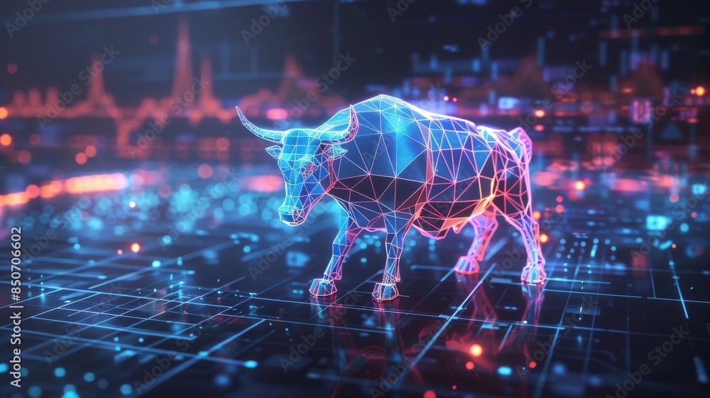 Bull illustration on black background. Illustration of a glowing low ...