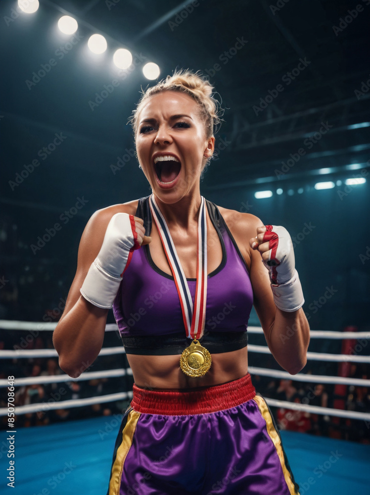 Portrait of a strong woman boxer in sportswear with a gold medal on her ...