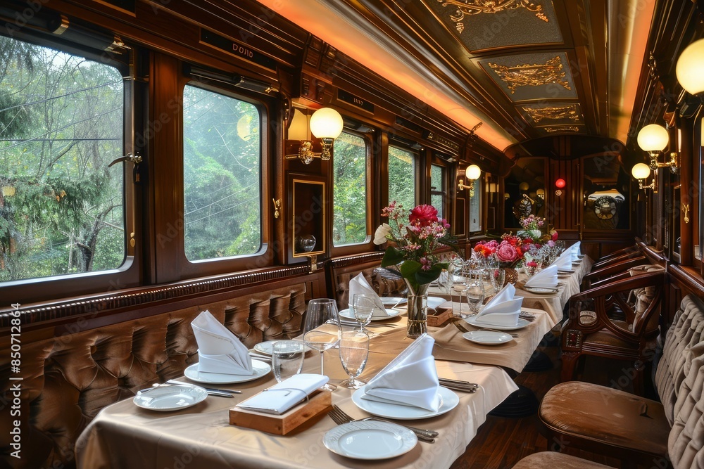 Elegantly set tables inside a classic train dining car, exuding ...