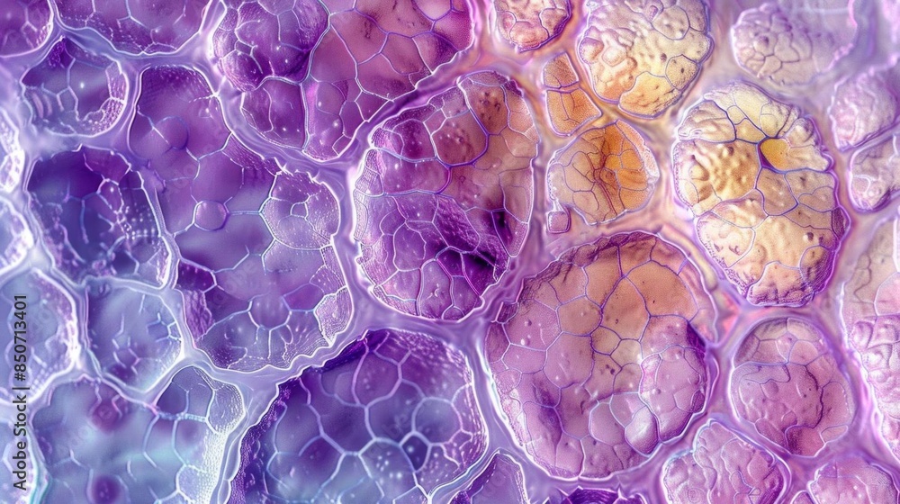 Closeup of human skin cells under a microscope, showing detailed ...
