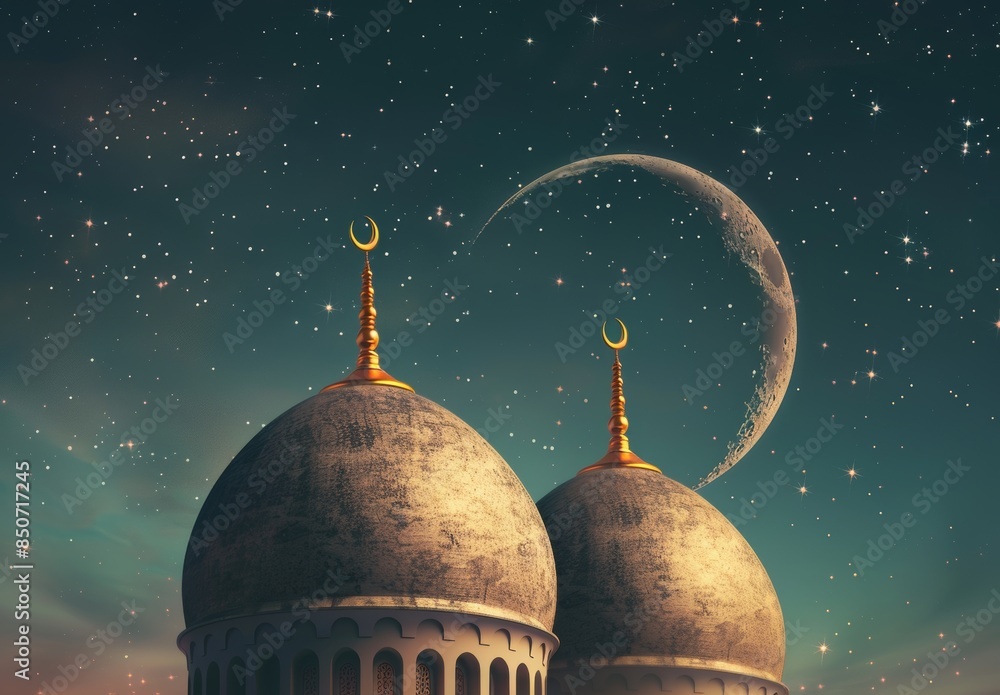 Ramadan waning sky with golden temple at night and Eid stars in a ...
