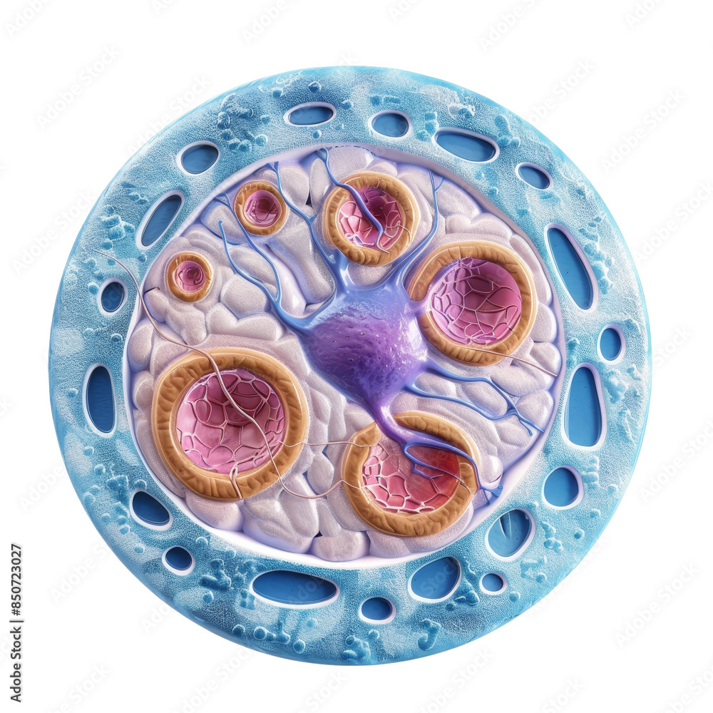 3D illustration of a nerve cell structure with mitochondria and axon ...