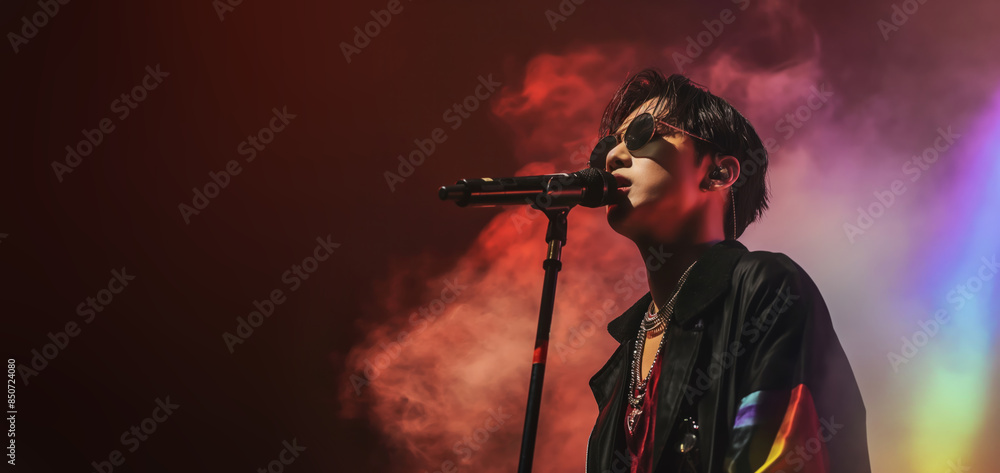Close up portrait of a korean k-pop singer singing to a microphone and ...