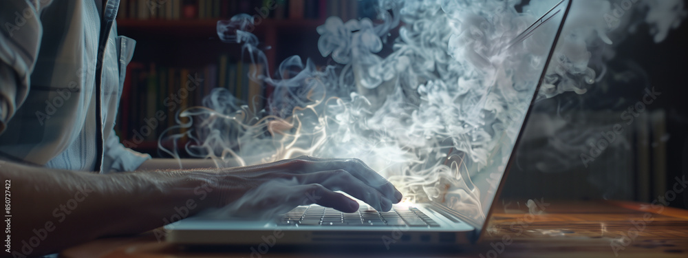 Hands rapidly dance across the keyboard of an overheated laptop, their ...