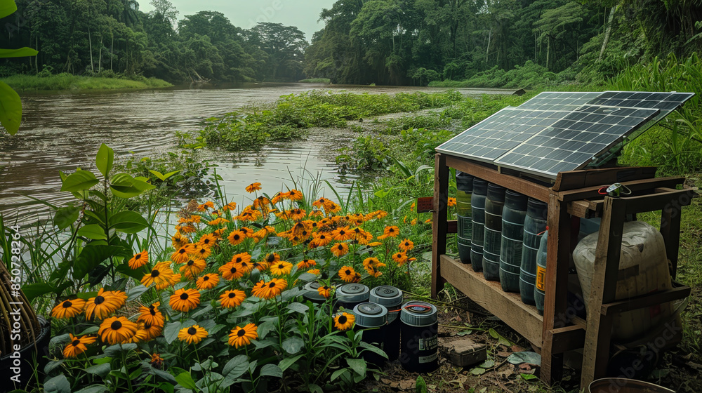 Solar water purification system installed river bank. System includes ...