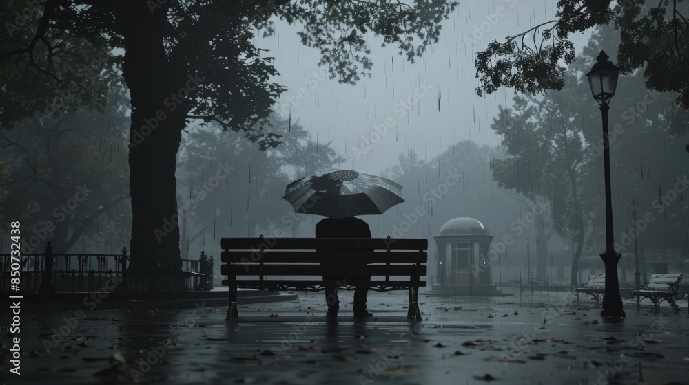 Depression image shows an abandoned bench in a rainy park with a man ...