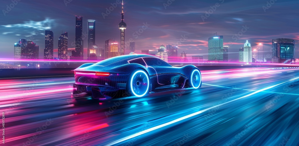 Aut sis, self driving cars on highway with futuristic technology waves ...