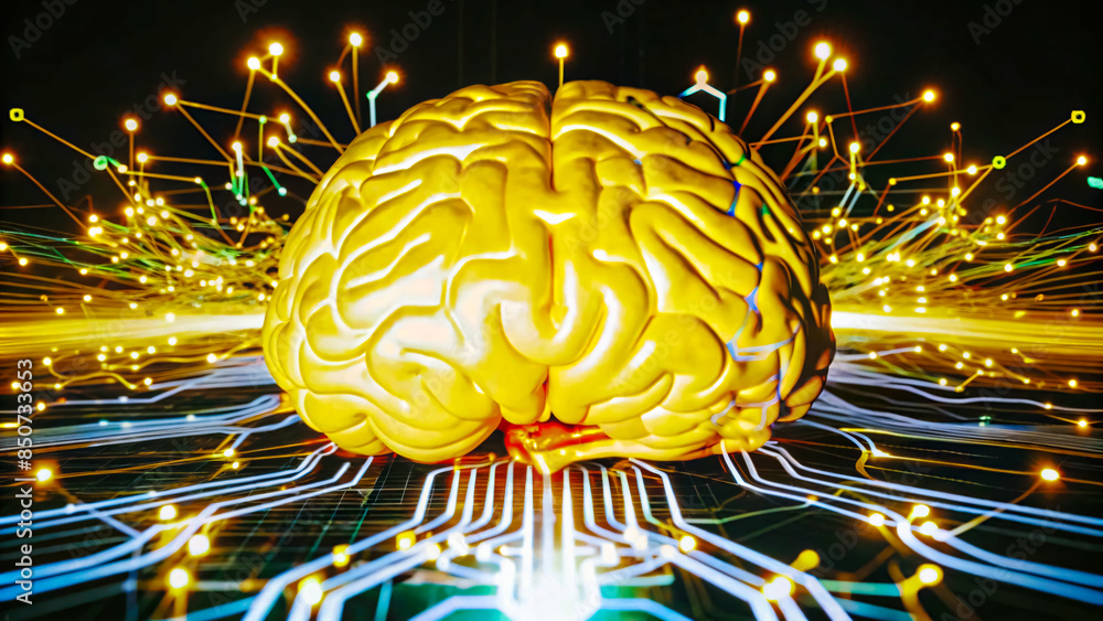 Digital Brain with Neural Connections. Golden Yellow Brain, Vision of ...