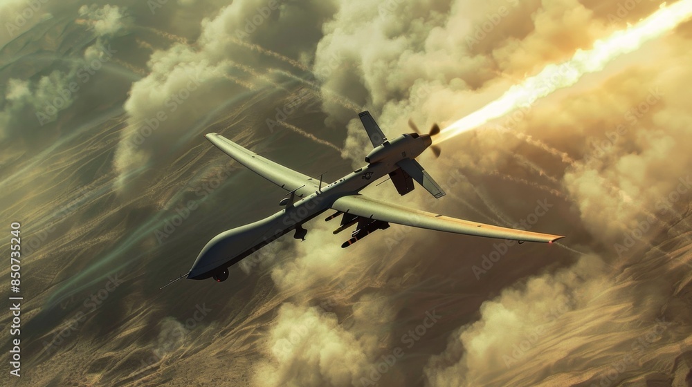 A combat drone firing a missile a plume of smoke trailing as it streaks ...