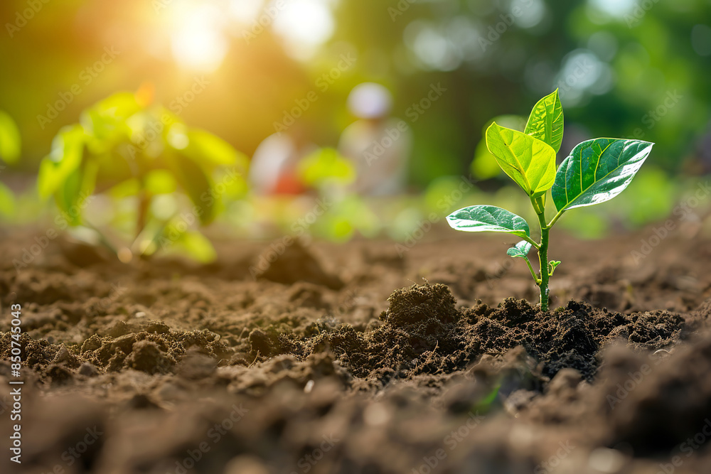 Delicate young plant growing from soil in park in sun rise. World soil ...