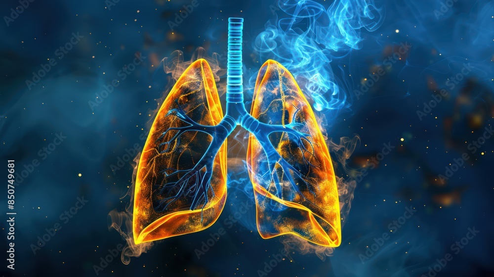 A CT model of a breathing lung, the outer outline of the lung is orange ...