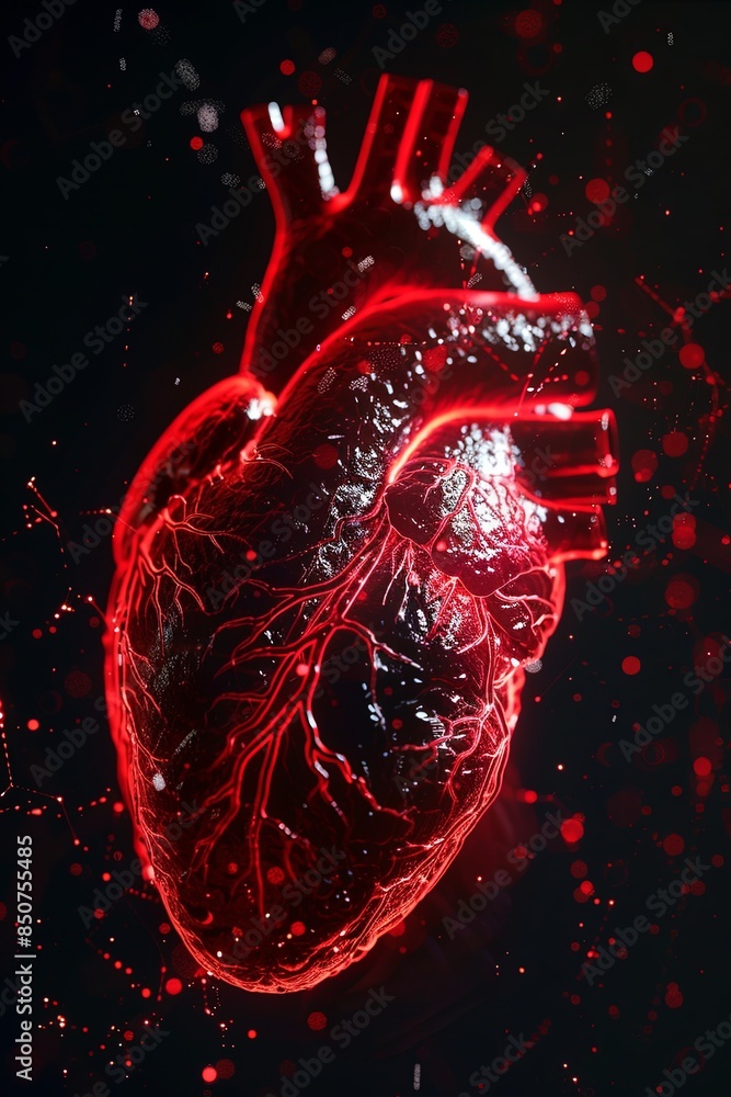 Anatomically correct red digital human heart. Futuristic 3D rendering ...