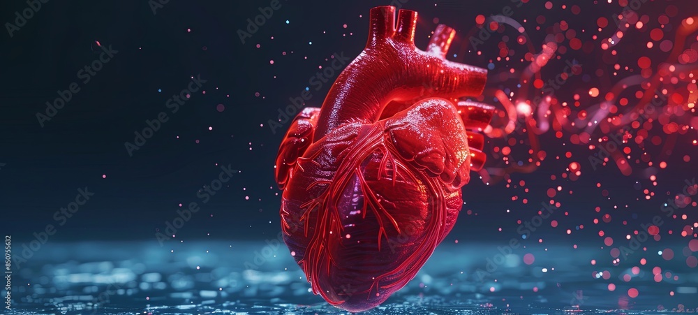 Anatomically correct red digital human heart. Futuristic 3D rendering ...