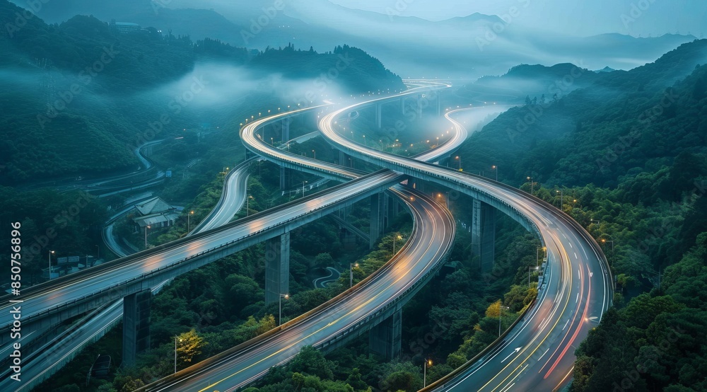 Highway that curves in the shape of an S, winding through green ...