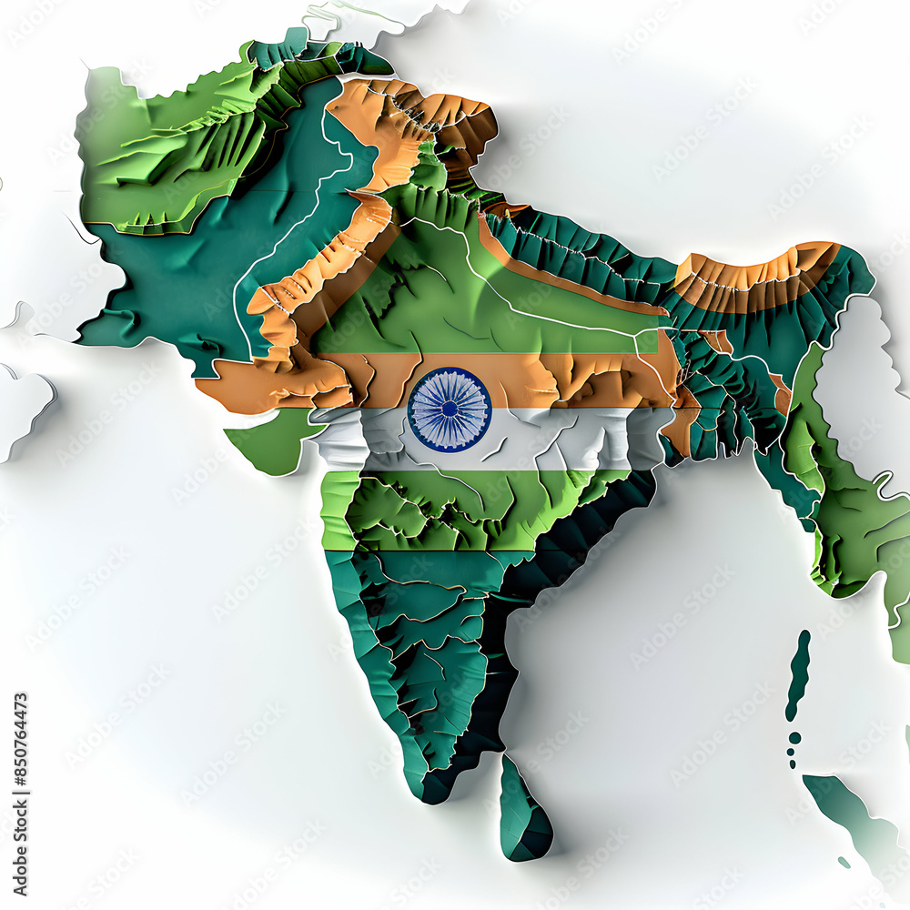 3D Flat Icon: Simplified India Map with Flag Overlay in Doodle Line ...