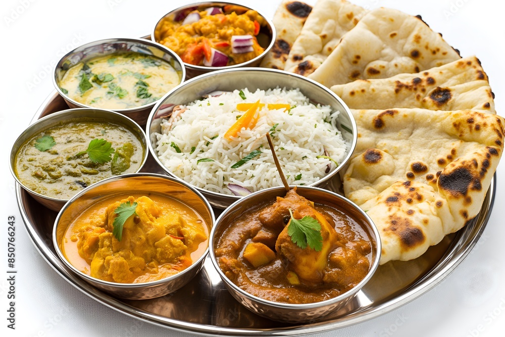 Close-Up Delicious Traditional Indian Thali With Various Curries, Rice ...