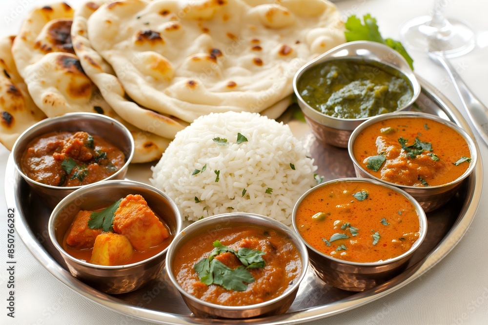 Close-Up Delicious Traditional Indian Thali With Various Curries, Rice ...