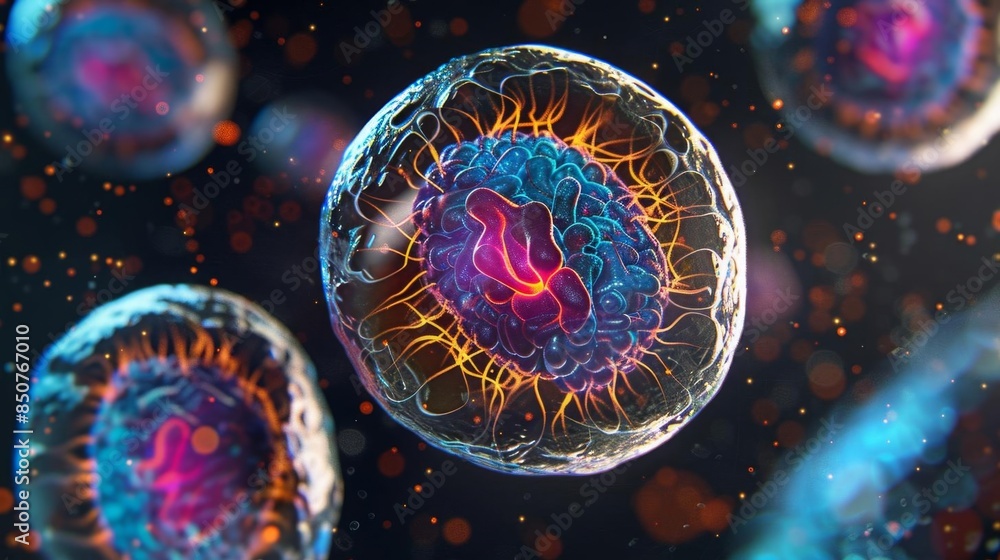 Closeup, highly detailed illustration of a cell undergoing mitosis ...