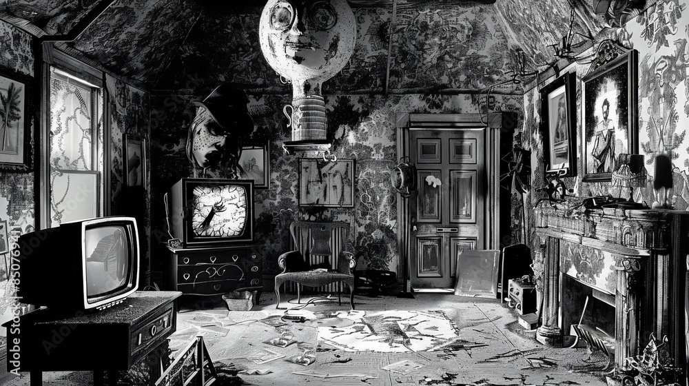 Eerie Shadowy Room with Creepy Live TV Broadcast Gen AI Stock ...