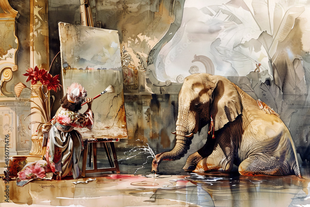 Colossal Elephant Painting in Studio as Human Plays in Mud Bath Gen AI ...