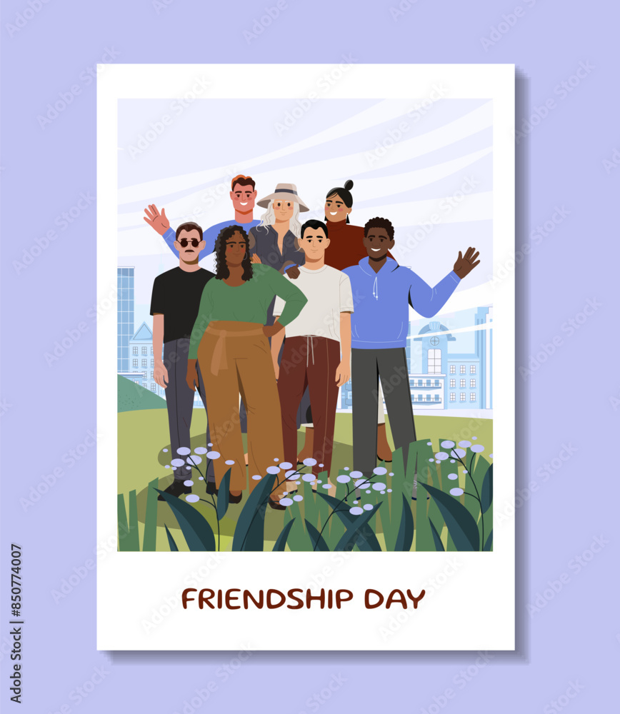 Friendship day poster. Men and women stand and hug. International ...