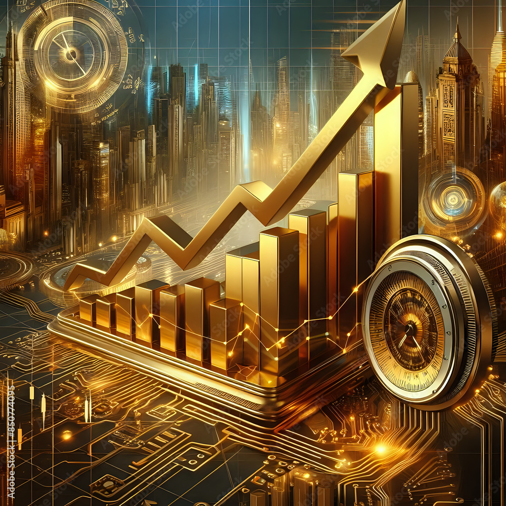 A gold bar graph with an arrow pointing upwards, superimposed on a ...