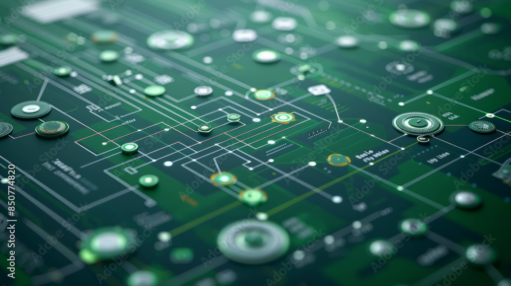 This image features a minimalist flowchart blueprint in green, navy ...