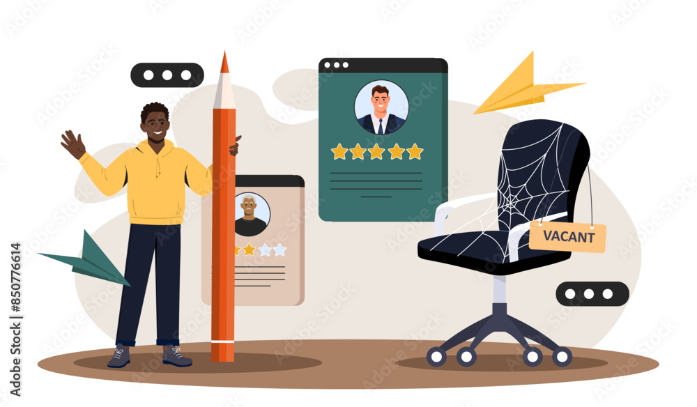 HR manager concept. Man with pencil stands near chair with web ...