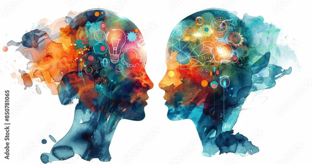 Two heads facing each other, one head with gears and light bulbs inside ...