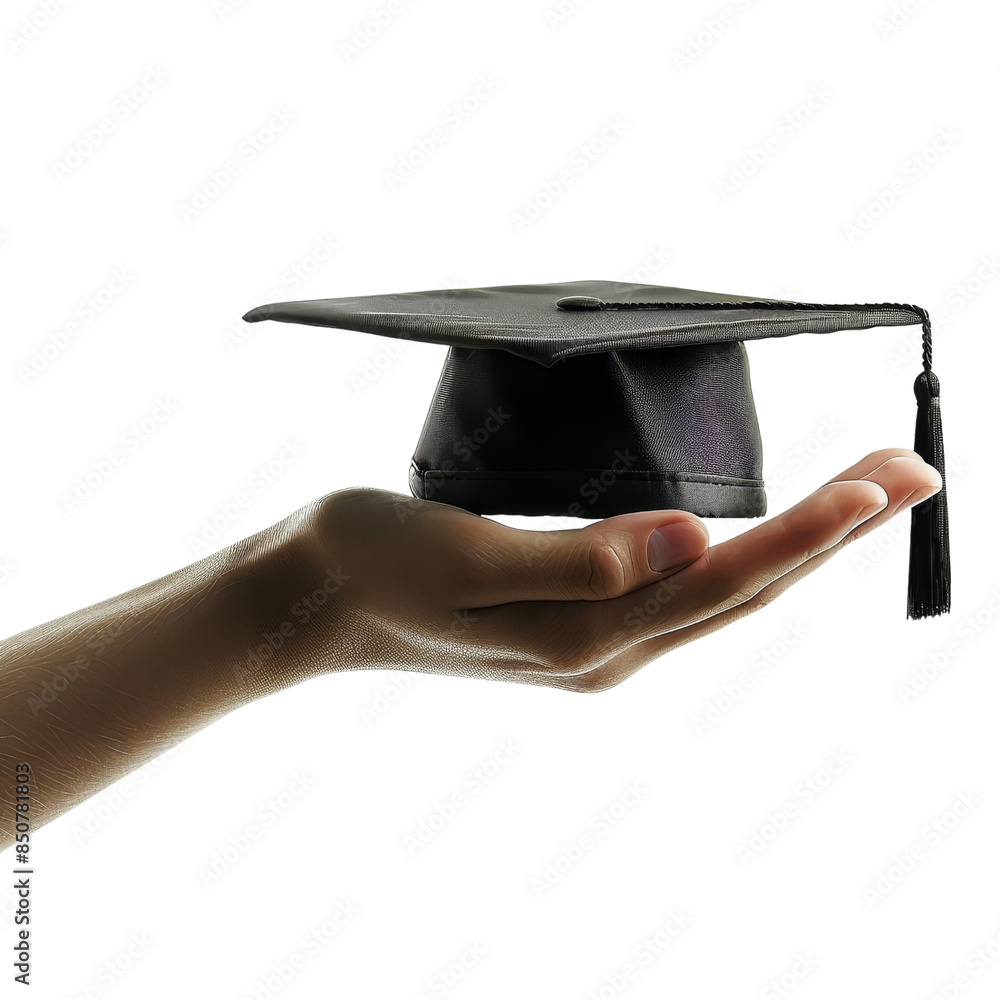 Hand holding a black graduation cap for education and achievement on ...