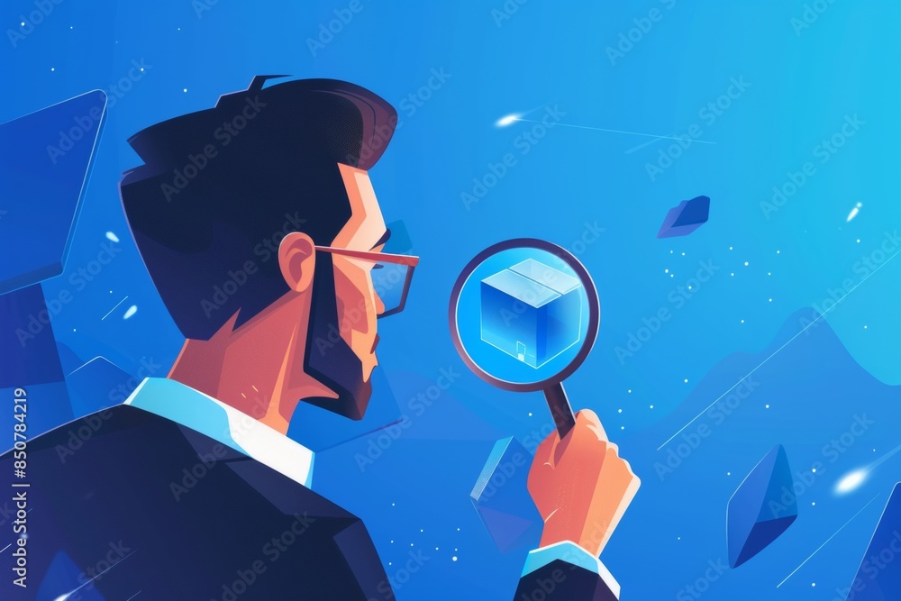 Smart businessman uses magnifying glass to analyze floating cube ...