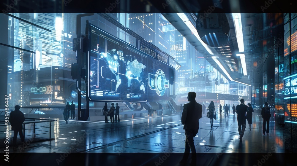 bustling high-tech corporate headquarters with holographic interfaces ...