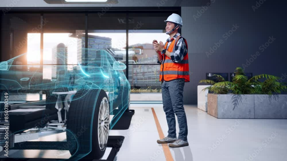 Full Body Side View Of Asian Male Engineer With Safety Helmet Smiling ...