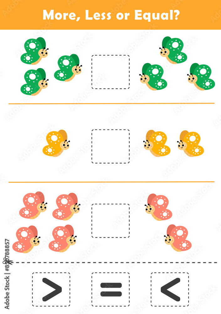 Comparison Worksheet with Cute Cartoon Butterfly for Kids. Counting ...