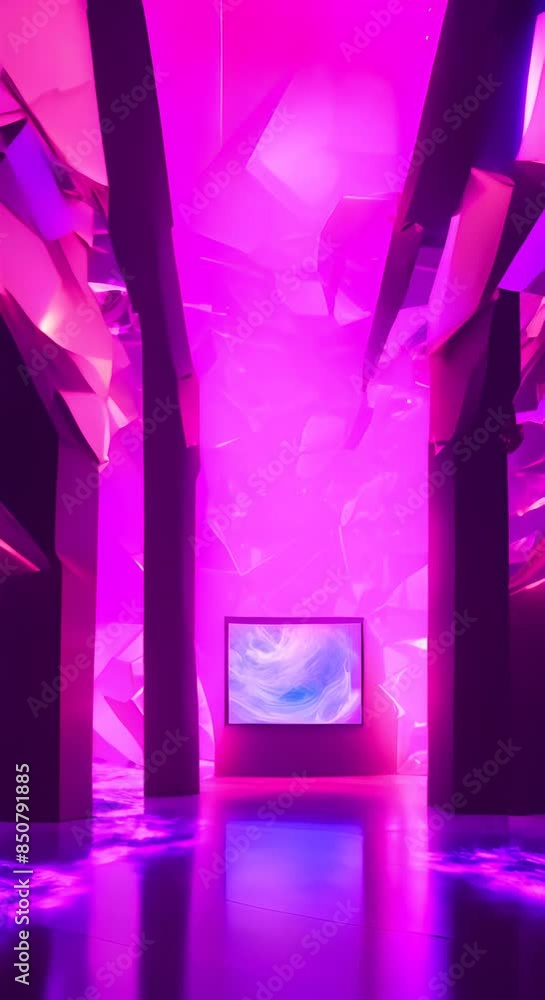An immersive exhibition hall with glowing screens and abstract digital ...