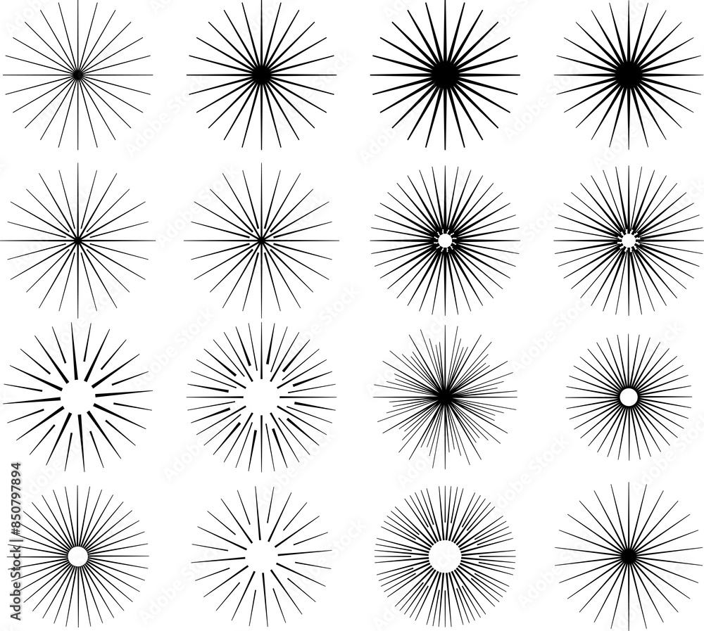 Set of light rays, sunburst and rays of sun. Design elements, linear ...