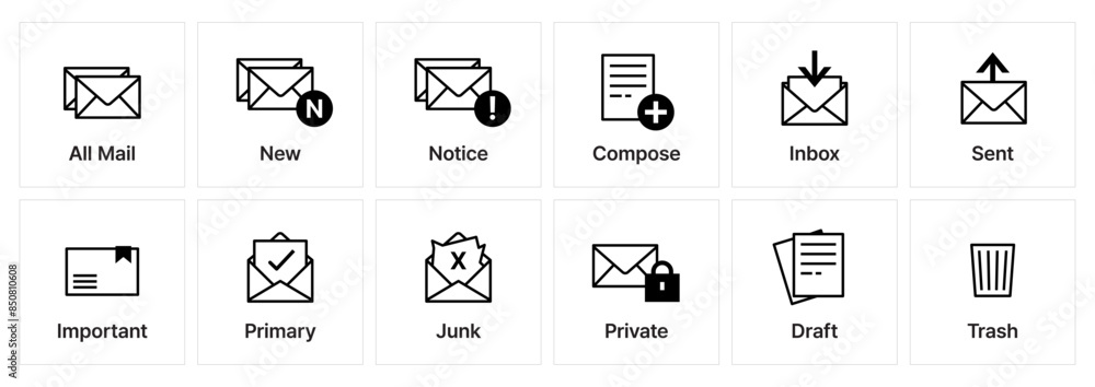 Simplified e-mail vector icon set. Modern linear PNG icon for UI design. Black and white email ...
