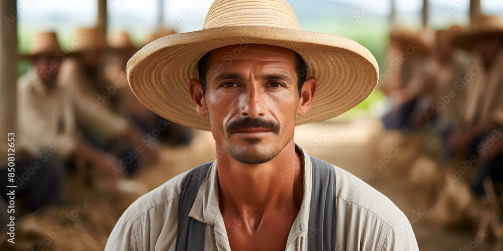 Portrait of a male farmer in traditional attire and straw hat looking ...