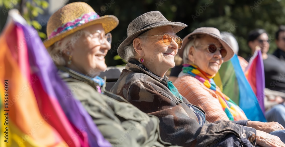 Group of happy LGBTQ seniors in vibrant attire and sunglasses, sharing ...